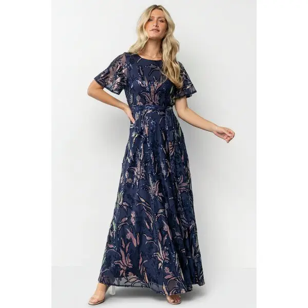 BALTIC BØRN Sequin Leaf Maxi Dress - Dark Blue Multi