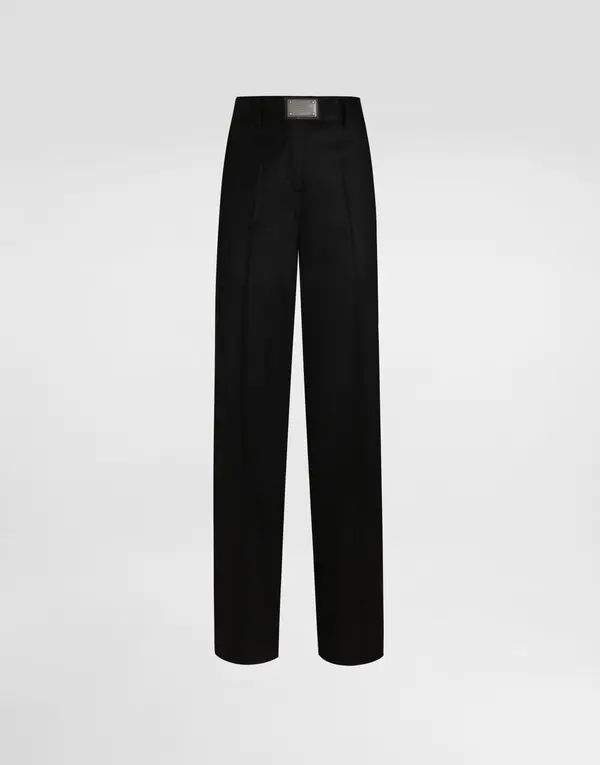 Dolce & Gabbana Flared Flannel Pants With Logo Tag - Black