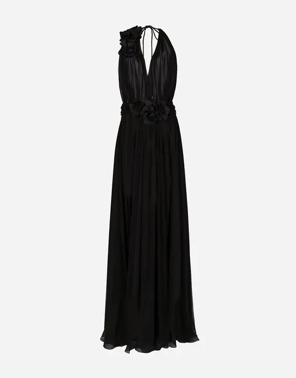 Dolce & Gabbana Long Silk Chiffon Dress With Floral Appliqu - Black
