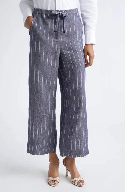 Max Mara Cresta Pinstripe Linen Twill Wide Leg Crop Pants - Ultramarine