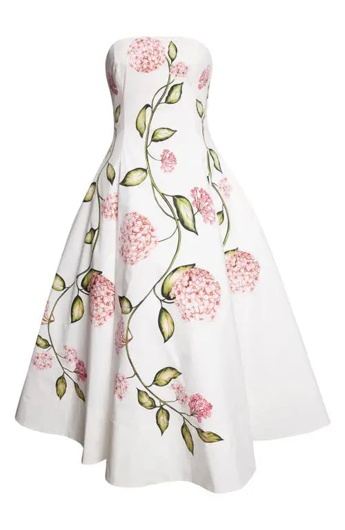 Oscar De La Renta Porcelain Flowers Stretch Cotton Poplin Strapless Dress - Pink/white