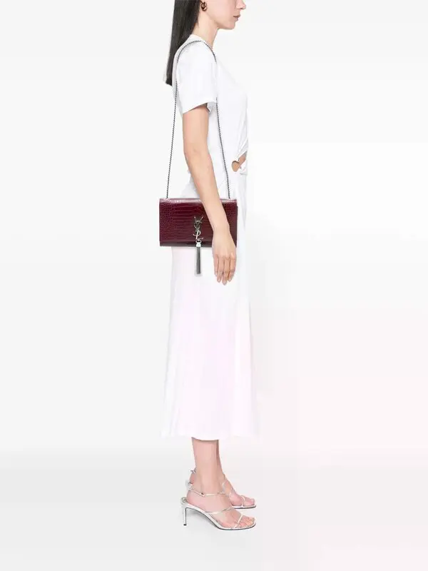 Saint Laurent Medium Croc Embossed Leather Monogram Kate Tassel Crossbody Bag
