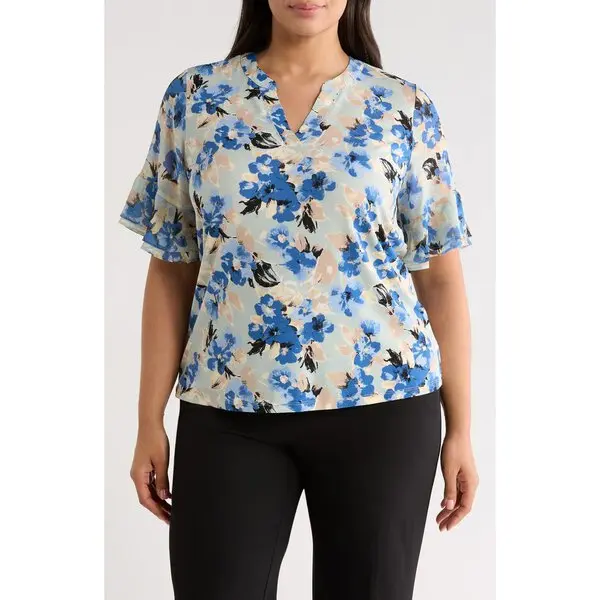 Anne Klein Floral Ruffle Sleeve Top - Soft Aloe Multi