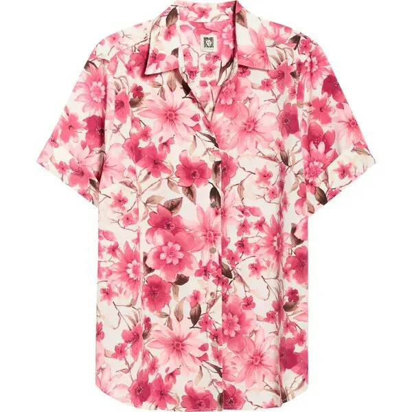 Anne Klein Floral Short Sleeve Button-up Shirt - Pink Berry Multi