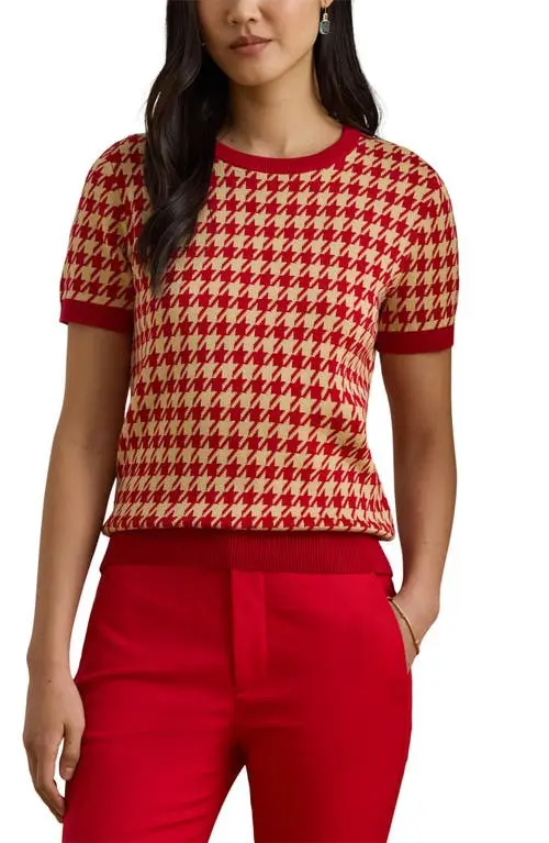 Ralph Lauren Houndstooth Short Sleeve Sweater - Red/tan