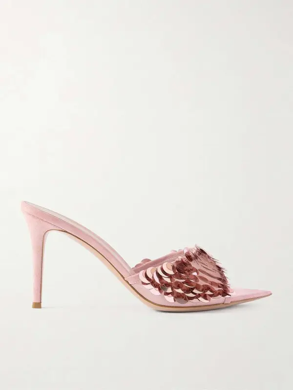 GIANVITO ROSSI Sequined Mesh Mules - Pink