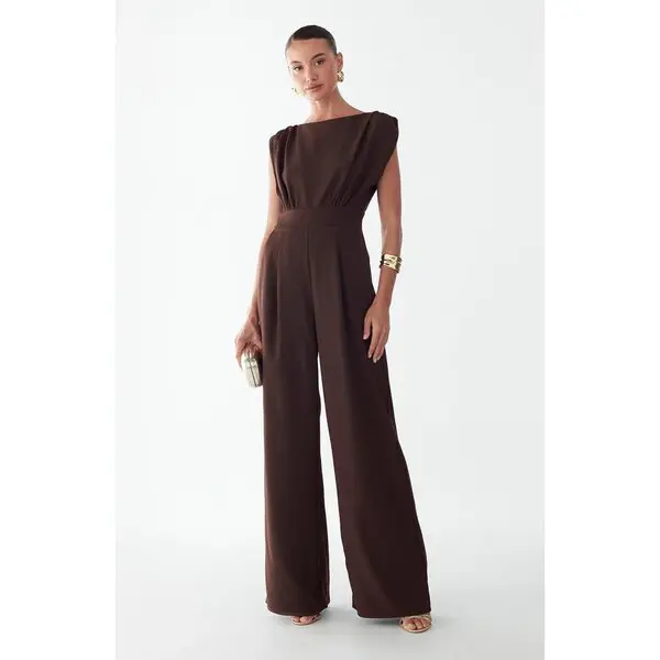 BWLDR Stella Jumpsuit Wide Leg, Boatneck, Grown-on Sleeve - Chocolate