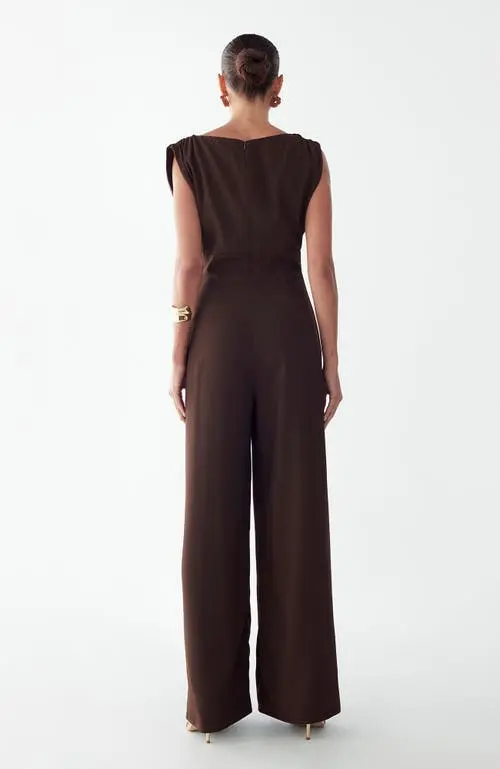 BWLDR Stella Jumpsuit Wide Leg, Boatneck, Grown-on Sleeve - Chocolate