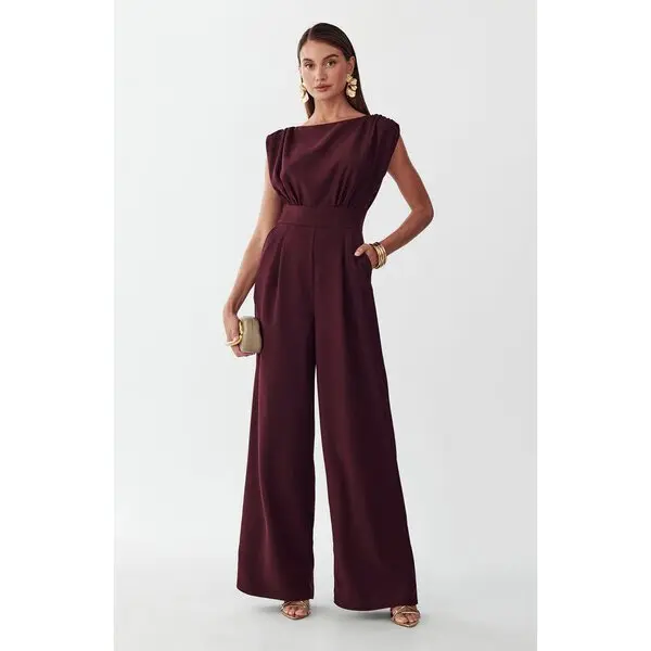 BWLDR Stella Jumpsuit Wide Leg, Boatneck, Grown-on Sleeve - Wine