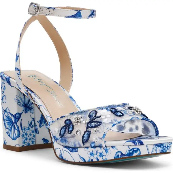 Betsey Johnson Brody Ankle Strap Platform Sandal - White/blue Floral