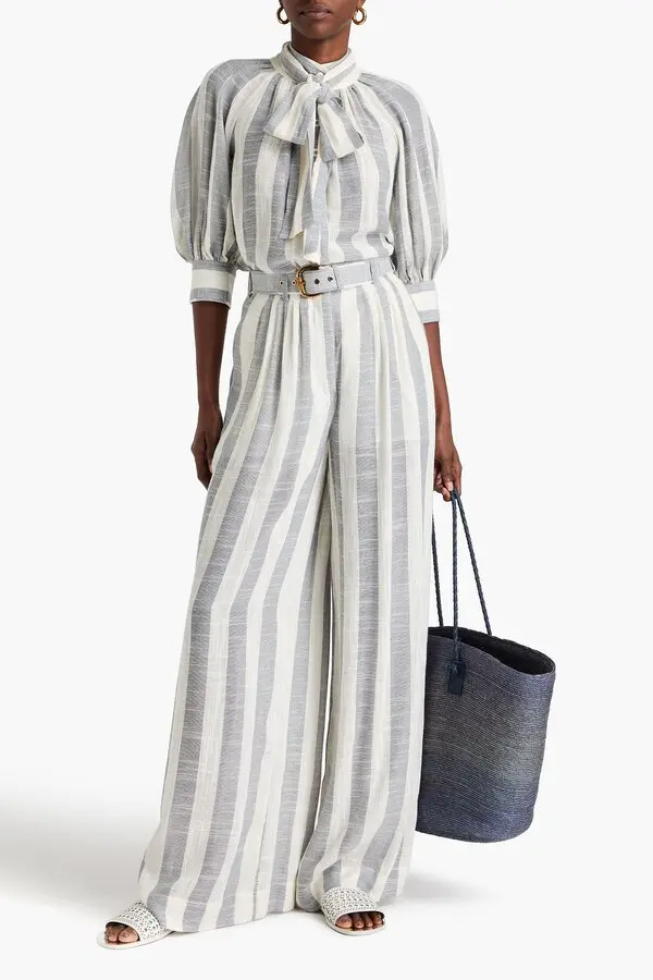 Zimmermann Belted Striped Gauze Wide-leg Pants