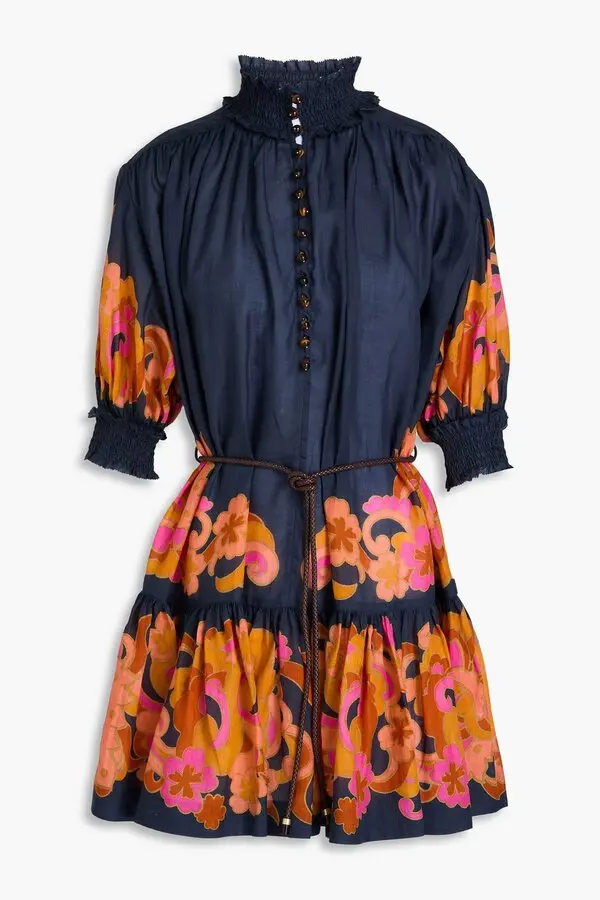 Zimmermann Gathered Floralprint Ramiegauze Mini Shirt Dress - Navy