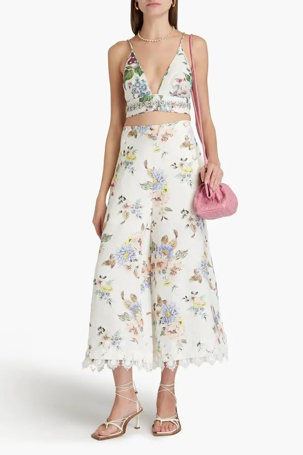 Zimmermann Lace-trimmed Floral-print Linen Culottes