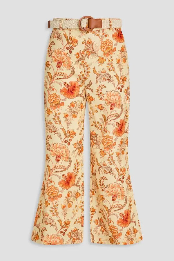 Zimmermann Cropped Belted Floralprint Linengauze Flared Pants - Cream