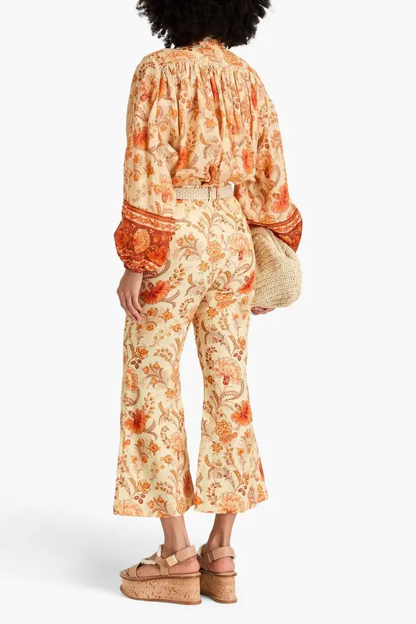 Zimmermann Cropped Belted Floral-print Linen-gauze Flared Pants
