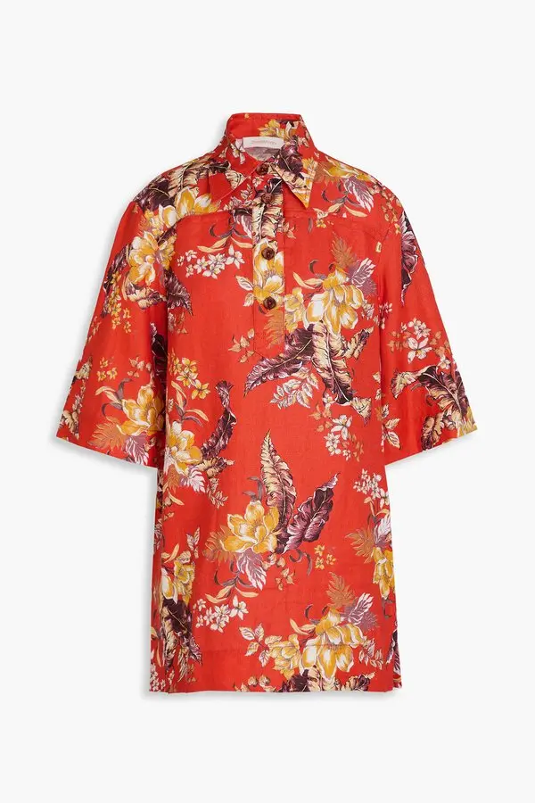 Zimmermann Floralprint Linen Mini Shirt Dress - Tomato Red