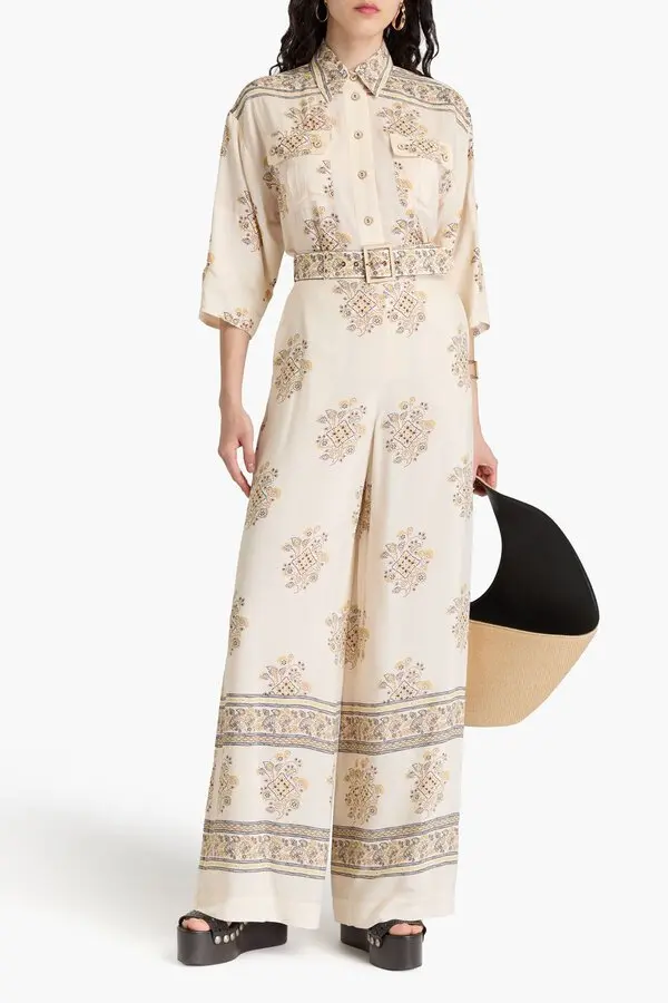 Zimmermann Belted Printed Crepe De Chine Wide-leg Pants