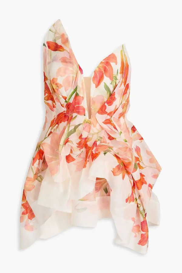 Zimmermann Strapless Floralprint Linen And Silkblend Peplum Top - Tomato Red