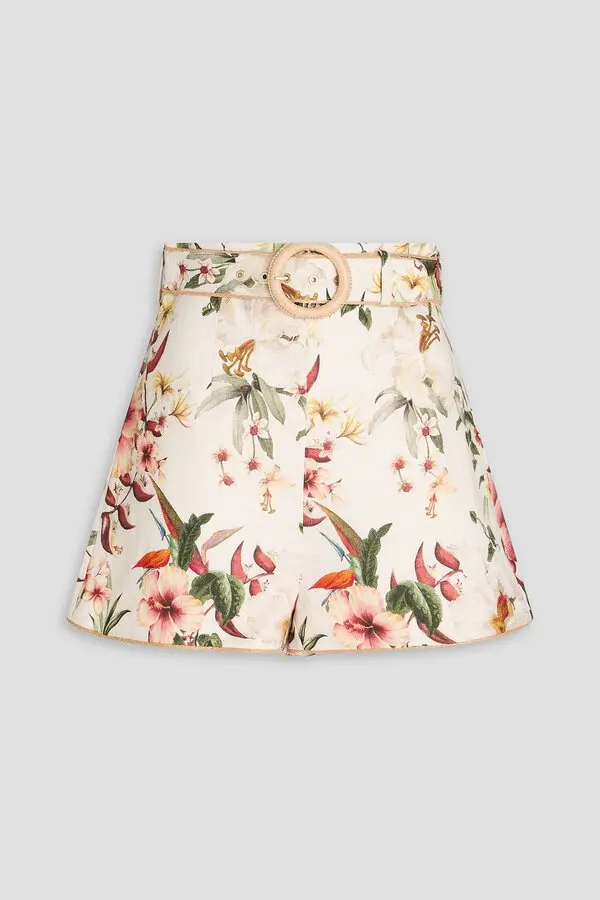 Zimmermann Lexi Belted Floralprint Linen Shorts - Ivory