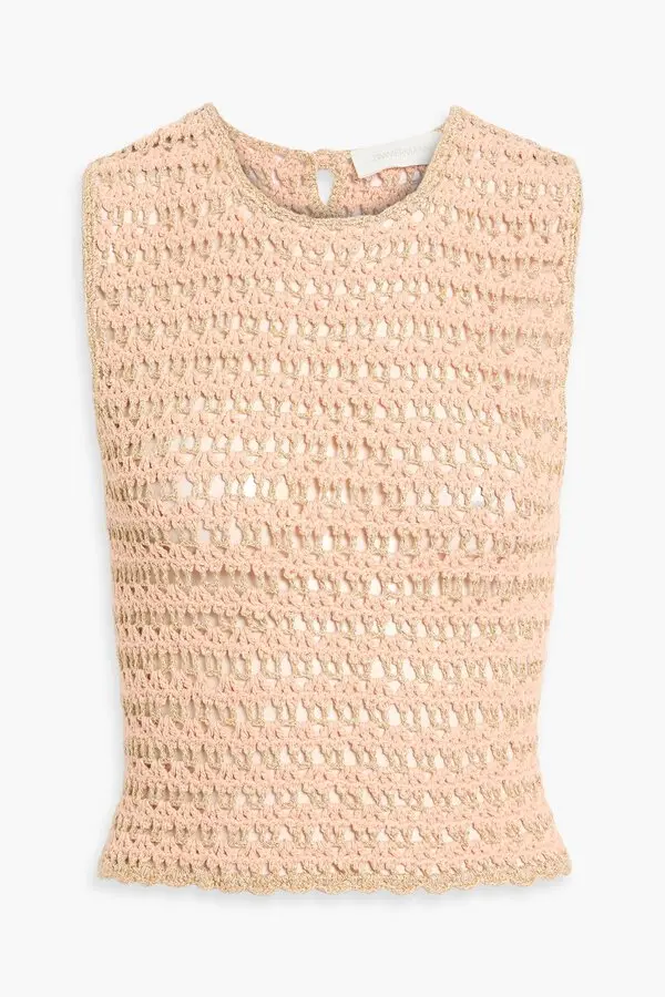 Zimmermann Cropped Metallic Crochetknit Cottonblend Top - Blush