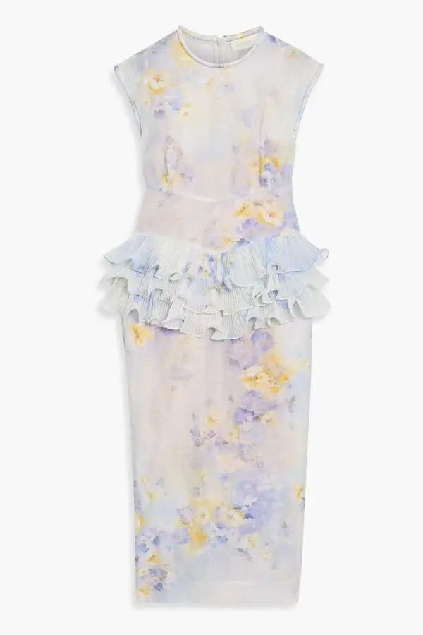 Zimmermann Ruffled Floralprint Linen And Silkblend Gauze Midi Dress - Light Blue