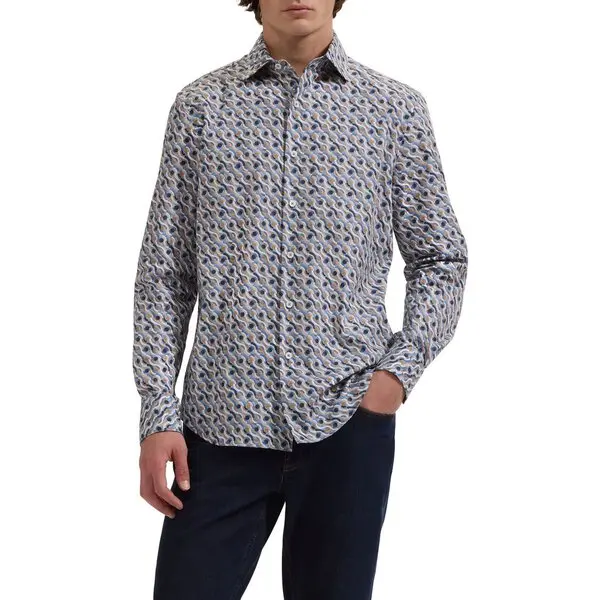 Bugatchi Axel Shaped Fit Geo Print Stretch Cotton Button-up Shirt - Cobalt