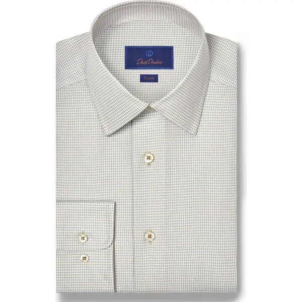 David Donahue Trim Fit Herringbone Check Cotton & Silk Dress Shirt - Sky/dune