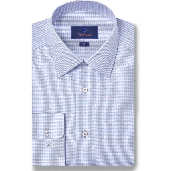David Donahue Trim Fit Herringbone Check Cotton & Silk Dress Shirt - Sky/lilac