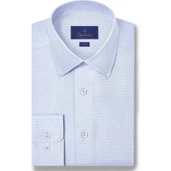David Donahue Trim Fit Check Cotton & Silk Twill Dress Shirt - Sky