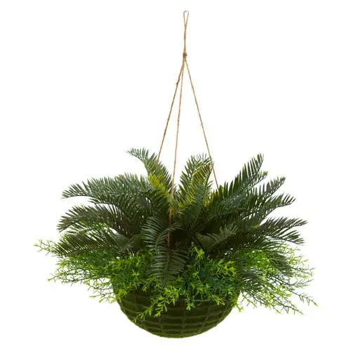 NEARLY NATURAL Cycas Artificial Plant In Mossy Hanging Basket - Green