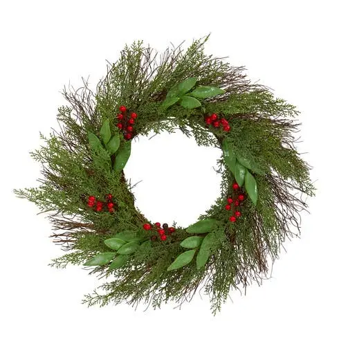 NEARLY NATURAL 20-in Cedar And Ruscus With Berries Artificial Wreath - Green/red