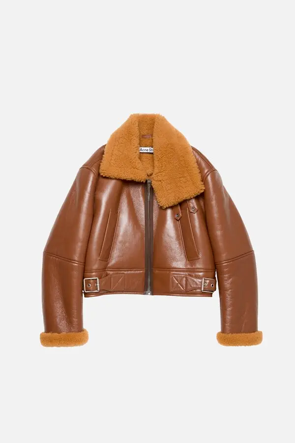 Acne Studios Shearling Biker Jacket - Rust Brown