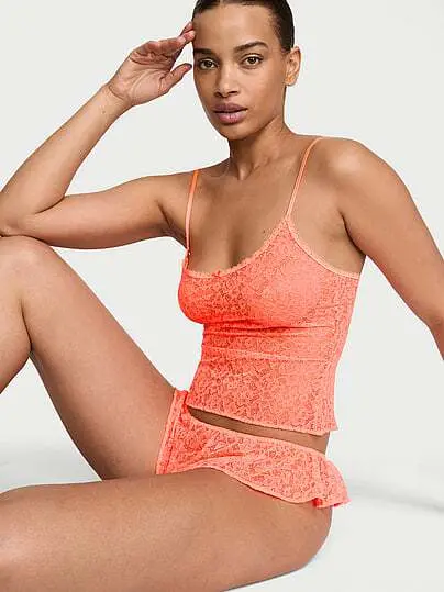 Victoria's Secret Tease Lace Cami & Flutter Short Set - Orange