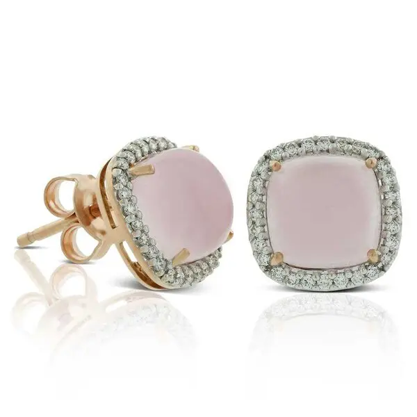Benbridge Cabochon Rose Quartz & Diamond Earrings 14k ,rg |133e4035rq3+df3 - Pink