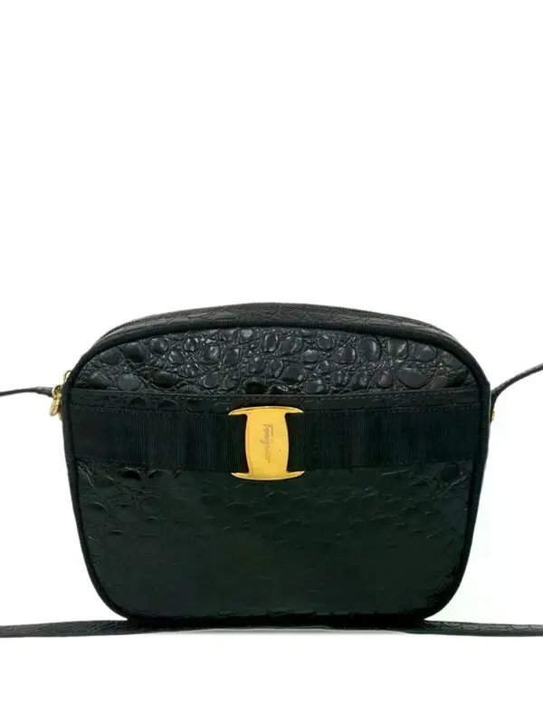 FERRAGAMO 2010-2026 Croc Embossed Calfskin Vara Crossbody Bag - Black
