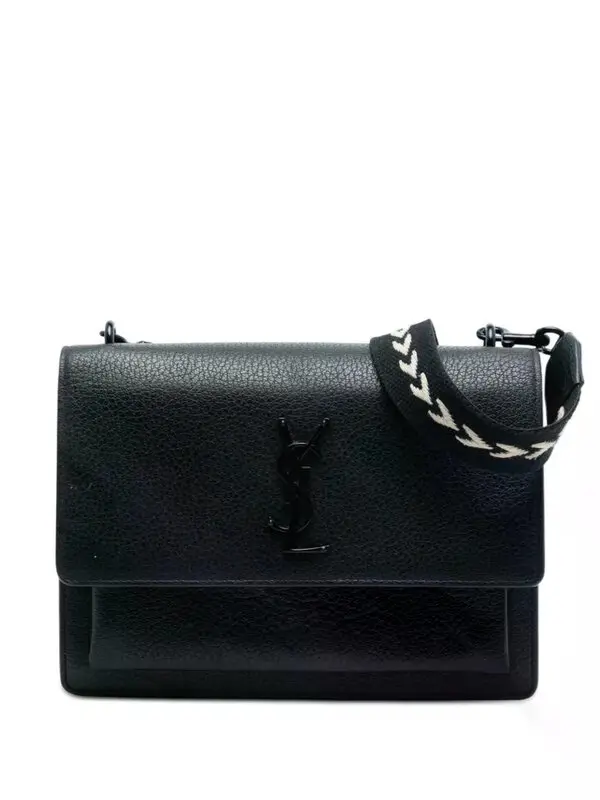 Saint Laurent 2012-2025 Medium Grained Calfskin Guitar Strap Monogram Sunset Crossbody Bag - Black