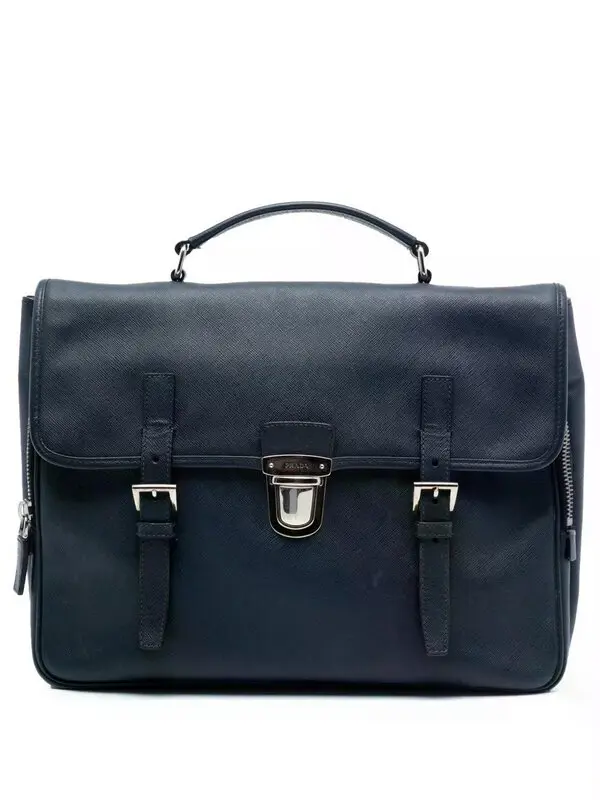 Prada 2000-2010 Saffiano Double Buckle Briefcase Business Bag - Blue