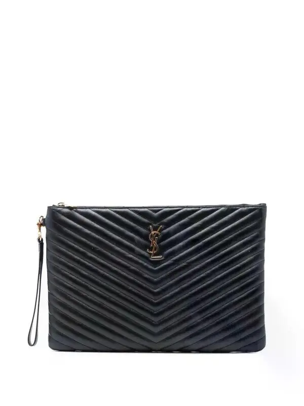 Saint Laurent 2018 Quilted Chevron Leather Monogram Document Holder Clutch Bag - Black