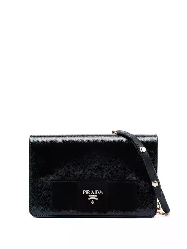 Prada 2010-2026 Saffiano Vernice Fiocco Bow Wallet On Chain Crossbody Bag - Black