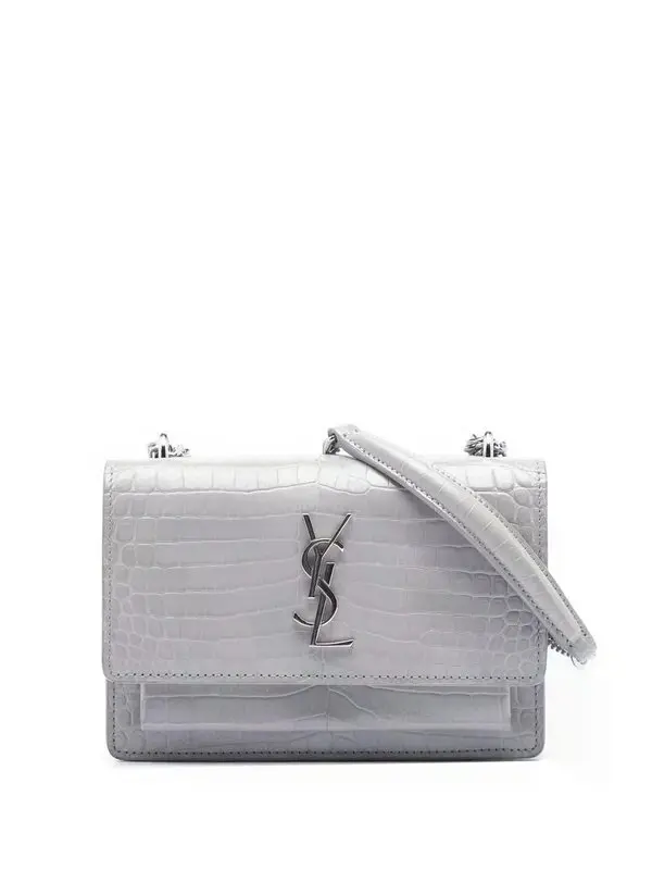 Saint Laurent 2017 Mini Croc Embossed Leather Monogram Sunset Wallet On Chain Crossbody Bag - Grey