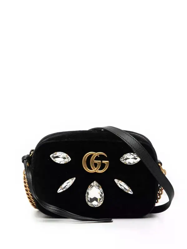 Gucci 2016-2026 Mini Gg Marmont Crystal Embellished Matelasse Velvet Crossbody Bag - Black