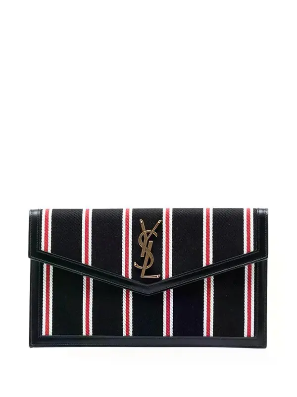 Saint Laurent 2021 Canvas Striped Uptown Pouch Clutch Bag - Black