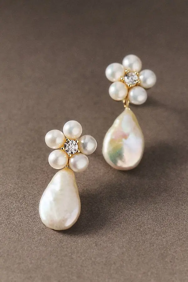 Shashi Floral Pearl Drop Earrgs - White