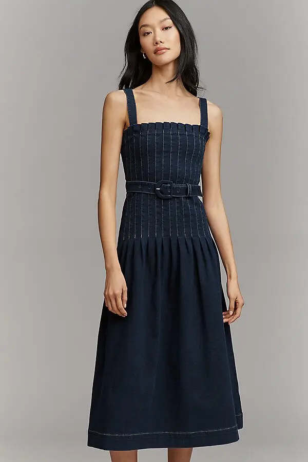 Moon River Square Neck Midi Dress - Indigo