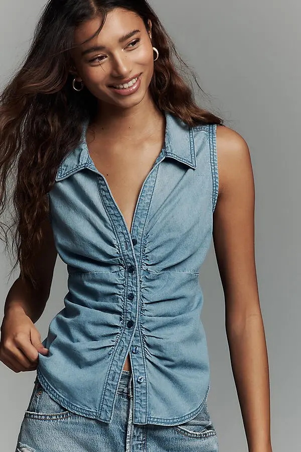 PILCRO Ruched Sleeveless Denim Buttondown Top - Light Denim