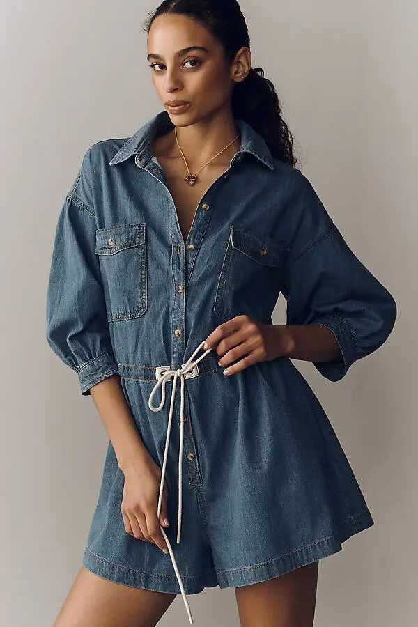 PILCRO Cotton Washed Denim Drawstrg Romper - Light Denim