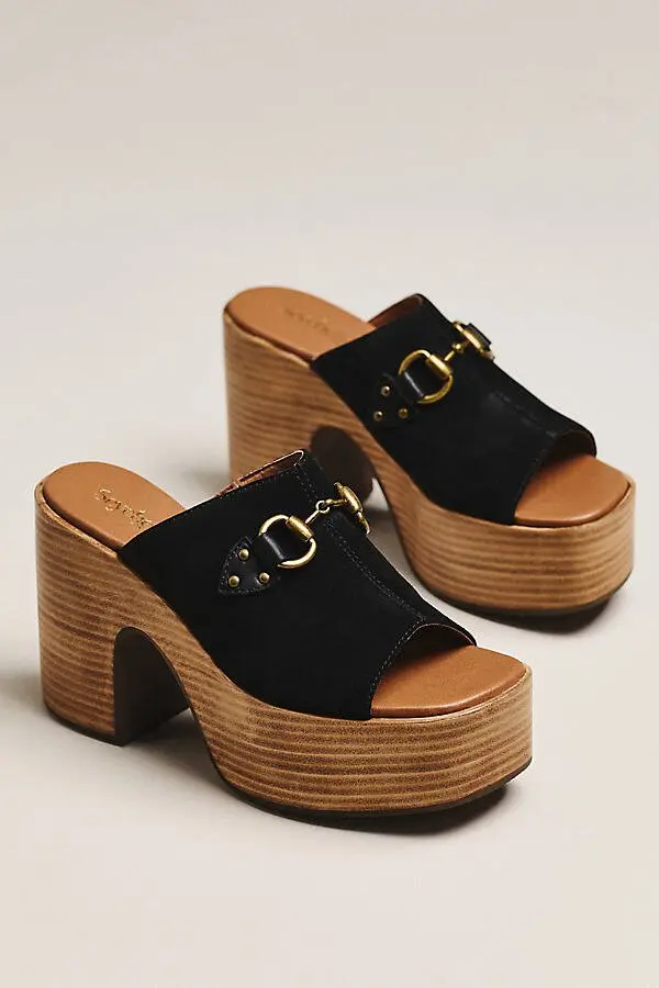 Seychelles Take The Lead Horsebit Platform Slide Heels - Black Suede