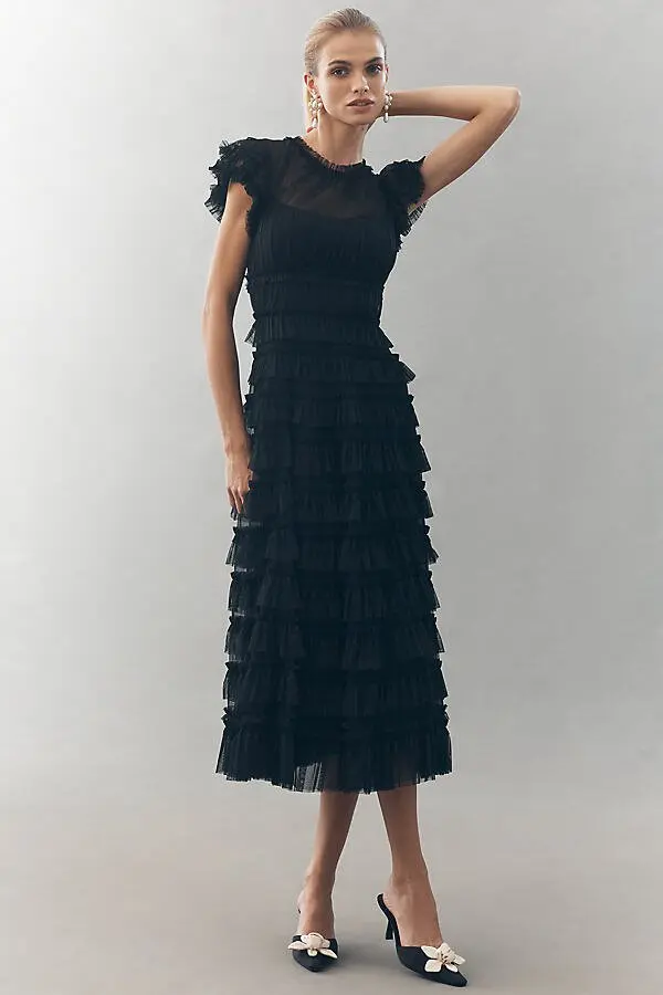 Mac Duggal Ruffled Short-sleeve Midi Dress - Black