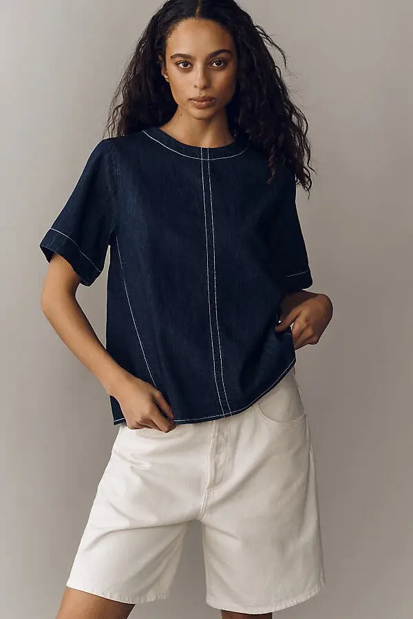 Maeve The Emmy Denim Short-sleeve Swg Blouse - Dark Denim
