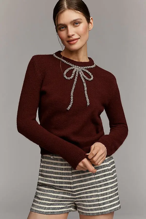 English Factory Rhestone Bow Plus Sweater - Wine